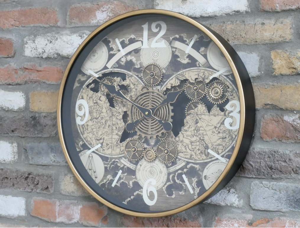 Shop Vintage World Map Gear Wall Clock – Aged Metal Frame – 48cm - Your ...